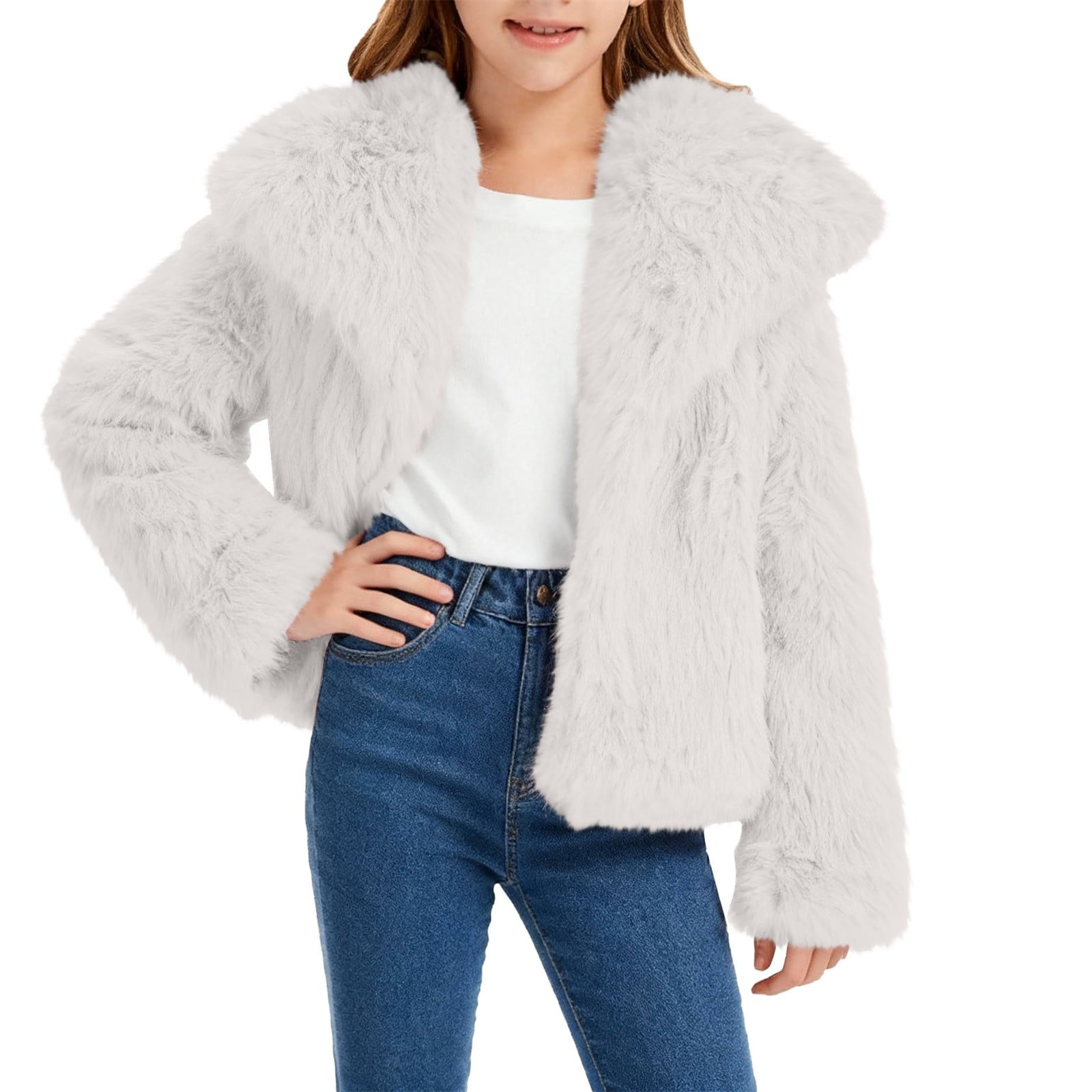 EnJoCho Girls Fa𝗎x F𝗎r Coat Kids Fluf𝖿y Long Sleeve Lapel Collar Open ...