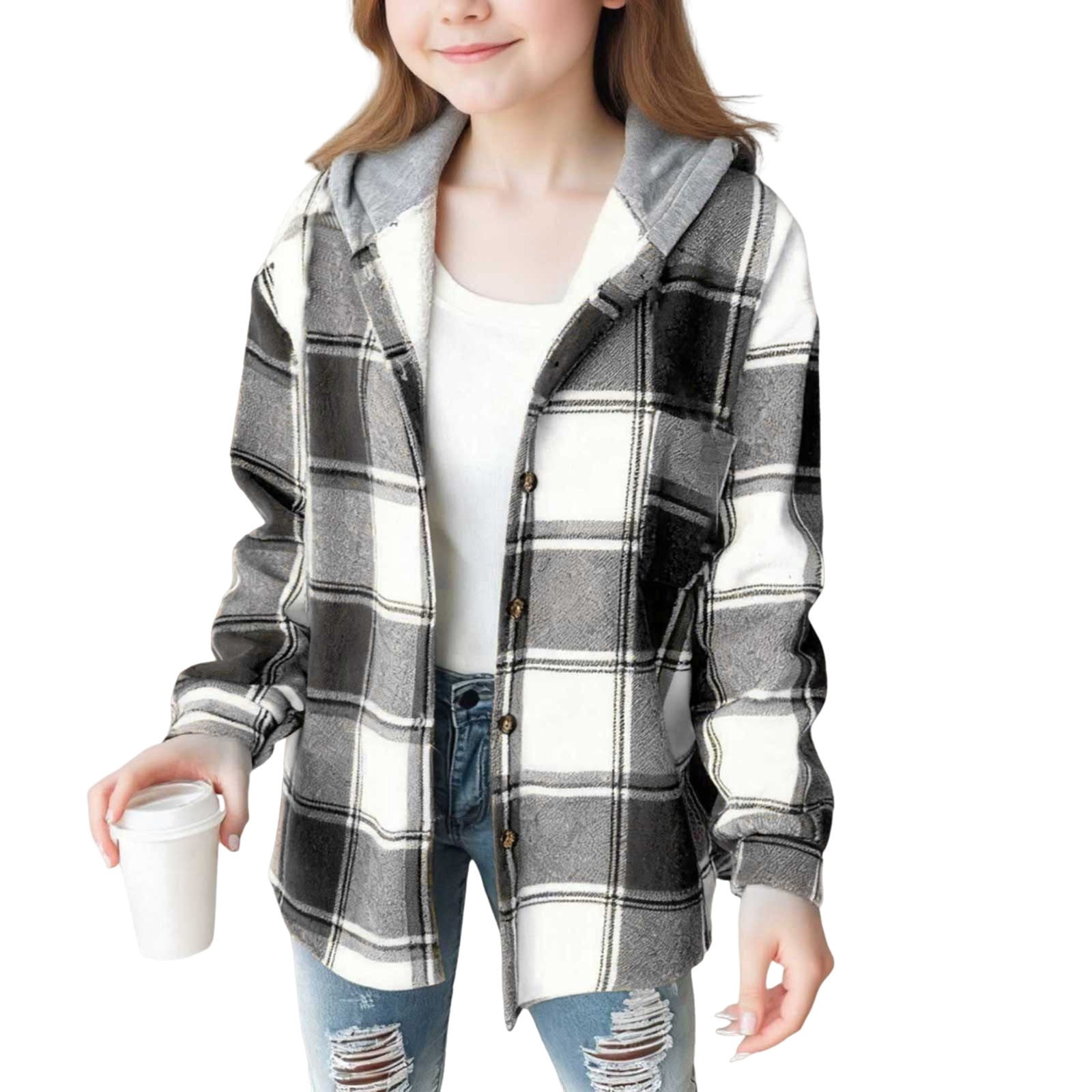 EnJoCho Girls Fall Winter Sher𝗉a Jacket Plaid Flannel Lined Hooded ...