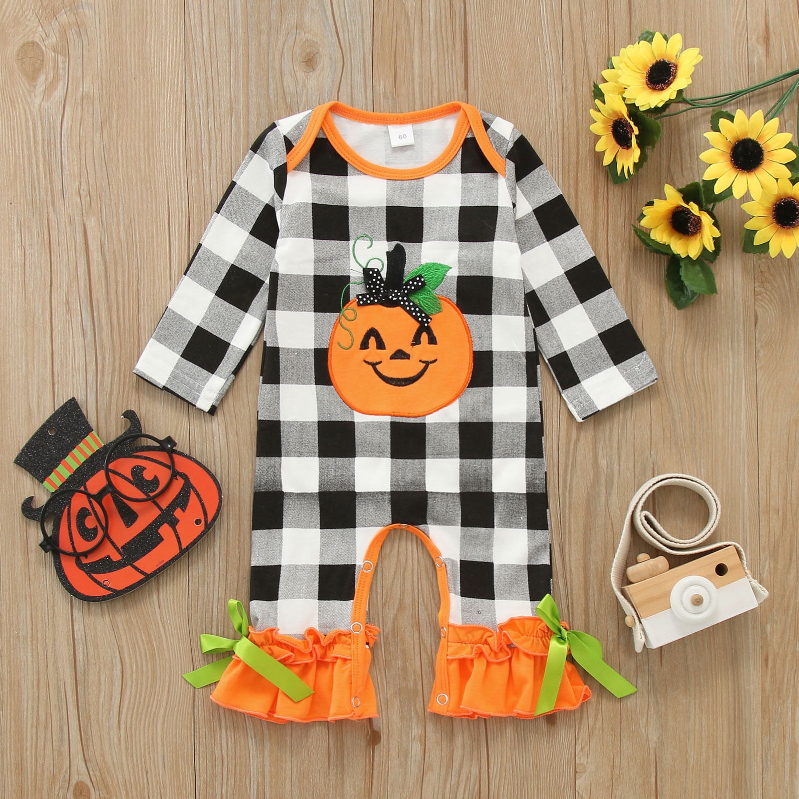EnJoCho Girls Halloween Flare Leg Jumpsuit - Long Sleeve Plaid Romper with Embroidered Pumpkin ...