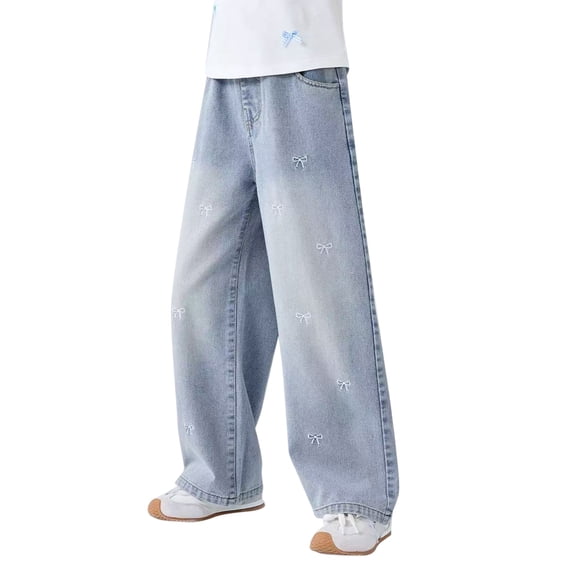 EnJoCho Girls Heart Ripped Wide Leg Jeans Elastic Waist Light Washed ...