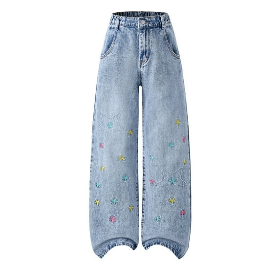 EnJoCho Girls High Waisted Elastic Waist Zipper Jeans Floral Star ...