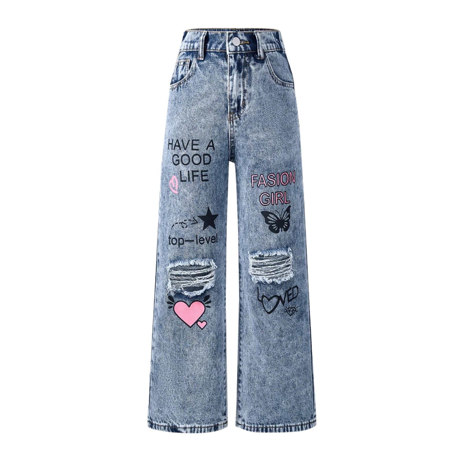 EnJoCho Girls Kids Cartoon Print Wide Leg Straight Denim Jeans Pants ...