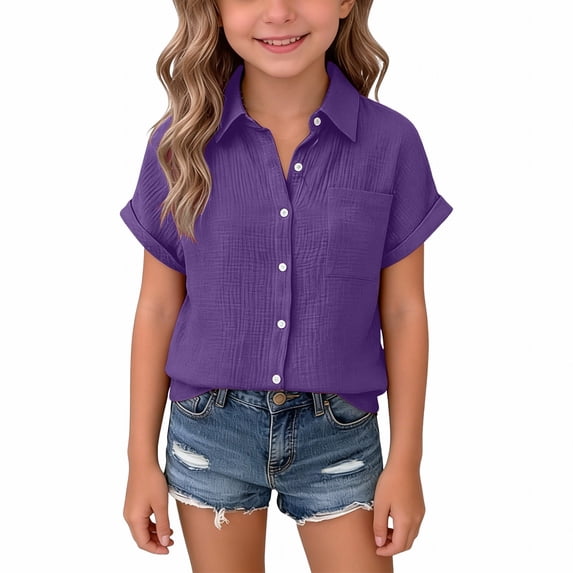 EnJoCho Girls Linen Shirts Short Sleeve Button Down Collared Dress ...