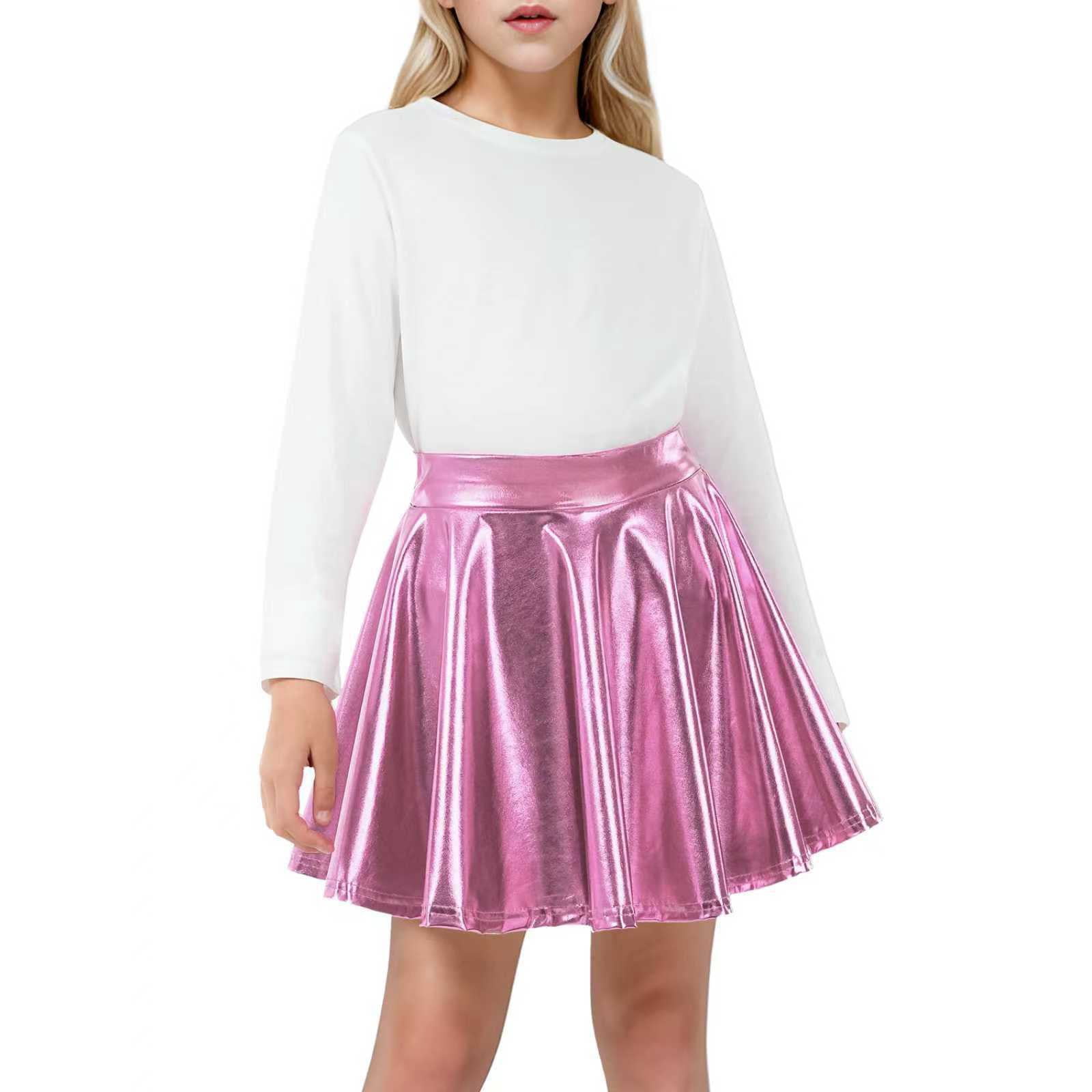 EnJoCho Girls Metallic Skater Skirt Sparkly Shiny Flared Elastic Waist ...