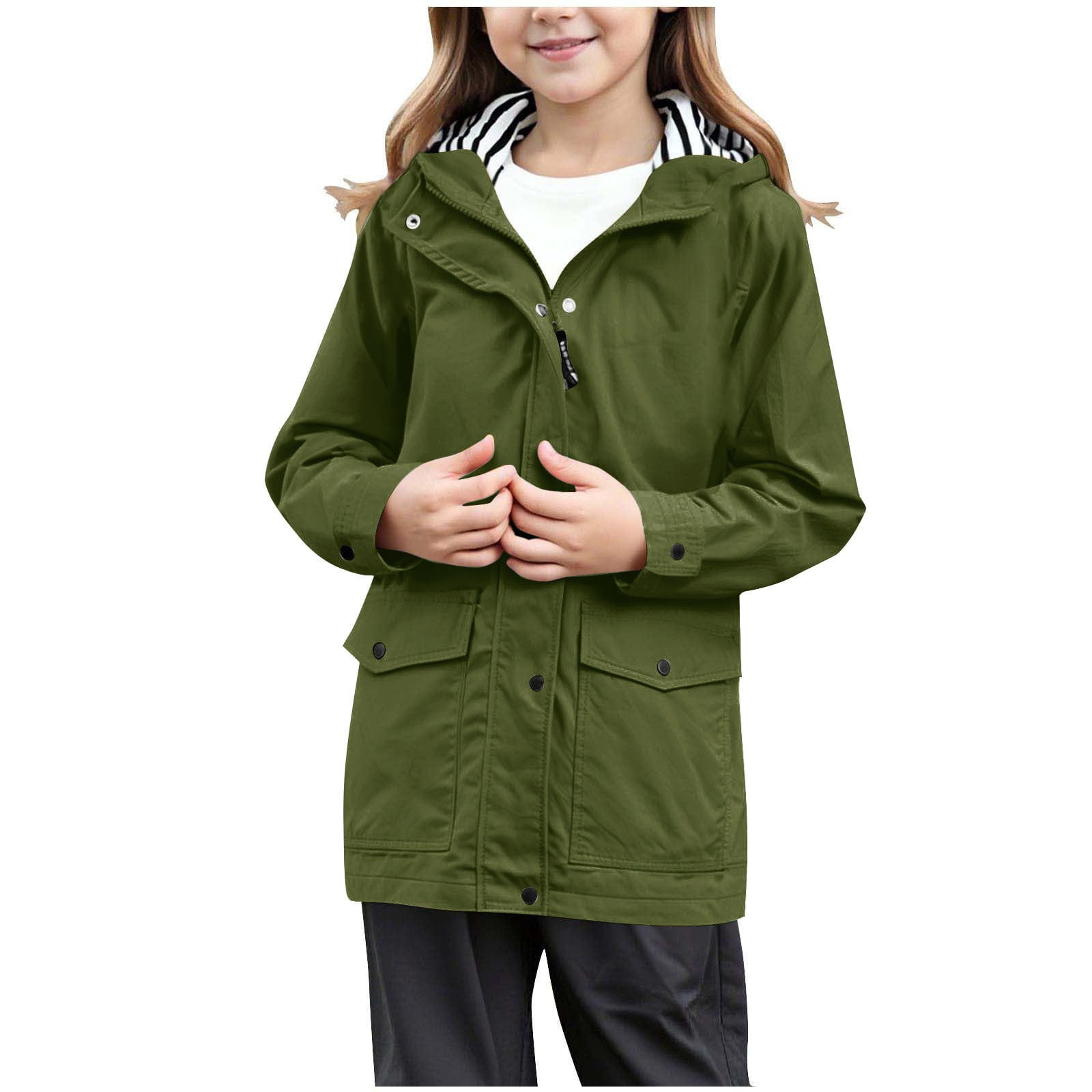 EnJoCho Girls Rain Jacket Windproof Hooded Windbreaker Solid Full Zip ...