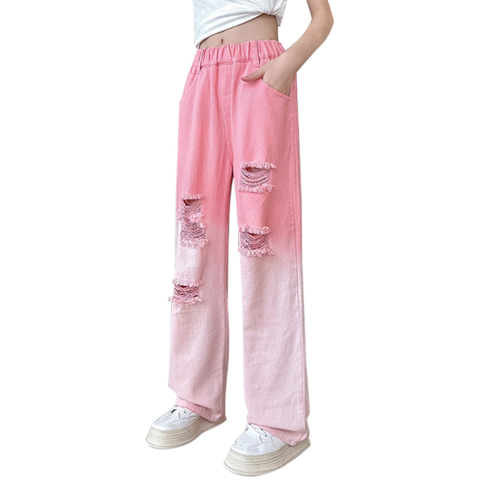 EnJoCho Girls Ripped Distressed Jeans Tie Dye Colour Block Elastic ...