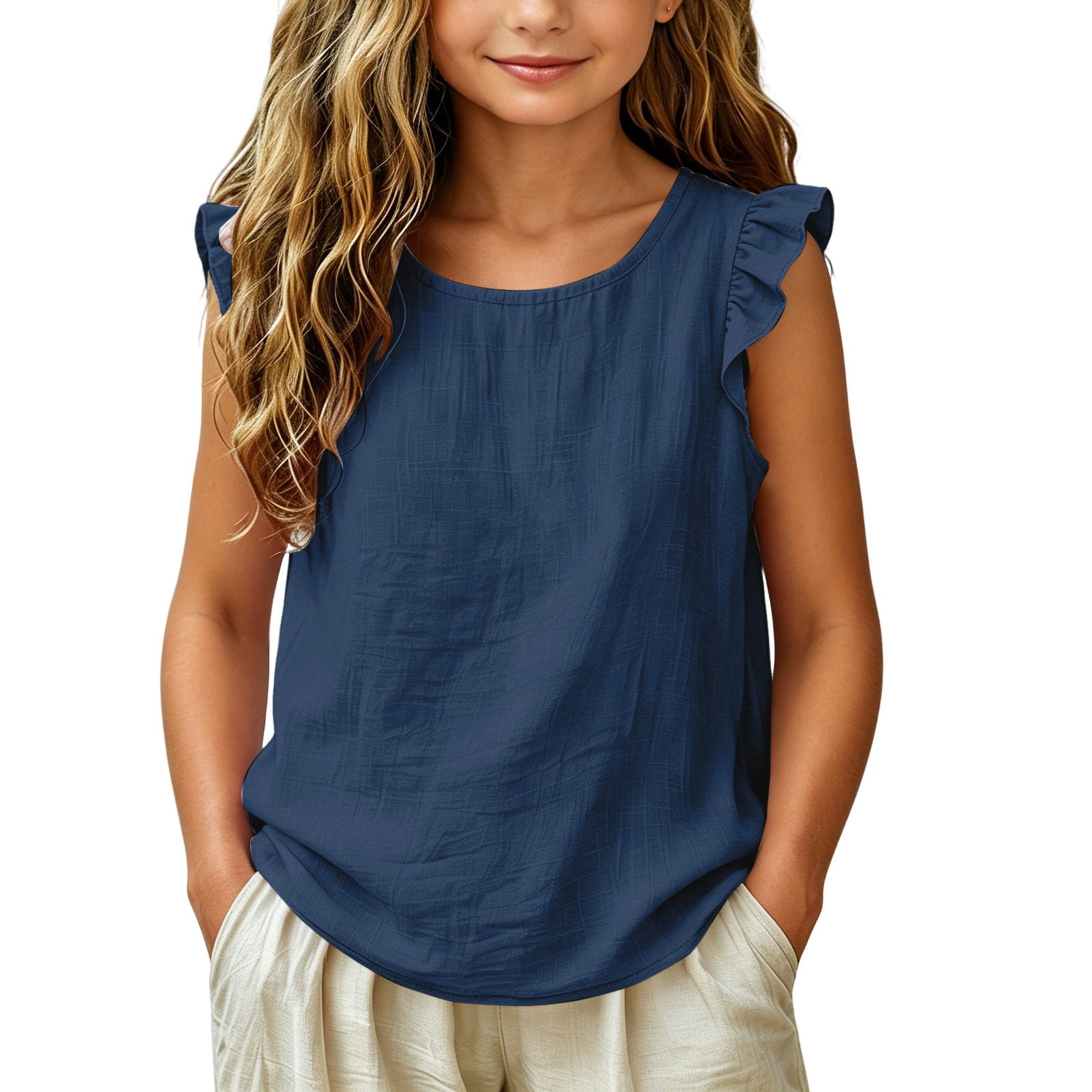 EnJoCho Girls Ruffl𝖾 Sleeveless Tank Tops Summer Cotton Linen T-Shirts ...