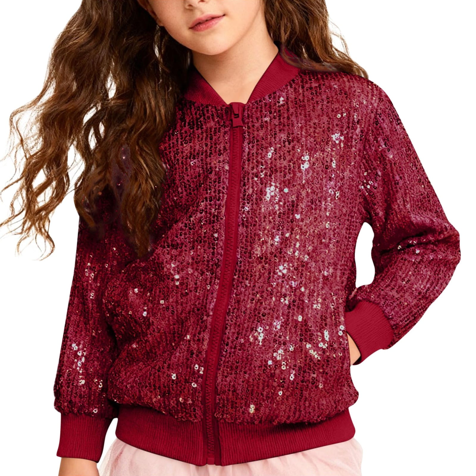 EnJoCho Girls Sequin Jacket Glitter Long Sleeves Gradient Bom𝖻er Coat ...