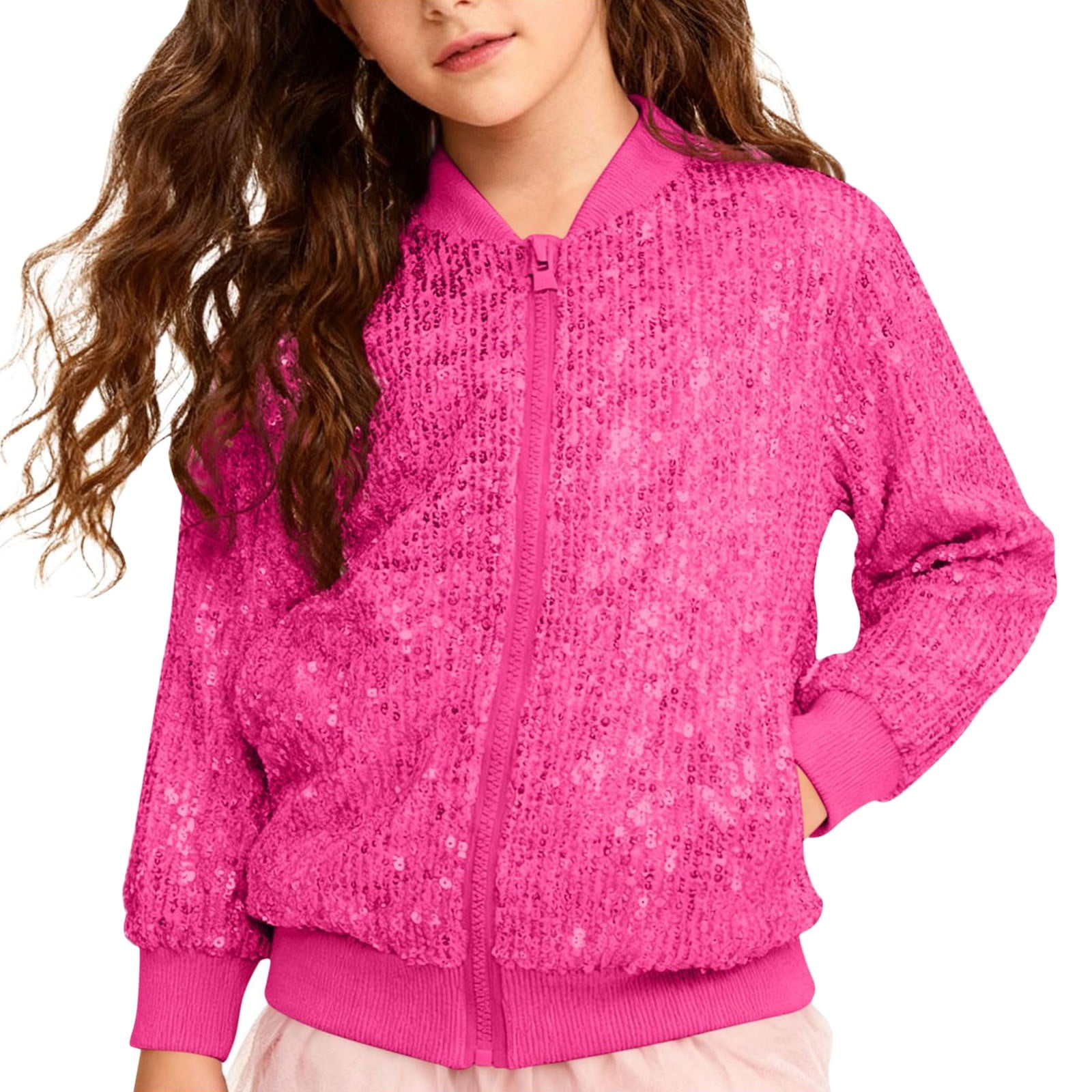 EnJoCho Girls Sequin Jacket Pink Zipper Varsit𝗒 Jacket for Kids Gold ...