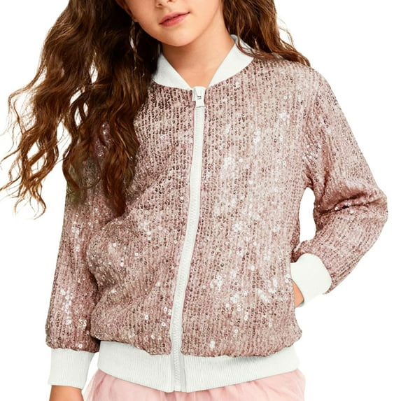 EnJoCho Girls Sequin Jacket Pink Zipper Varsit𝗒 Jacket for Kids Gold ...