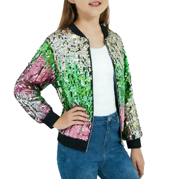EnJoCho Girls Sequin Jacket Sparkly Glitter 𝖡omber Kids Outwear with ...