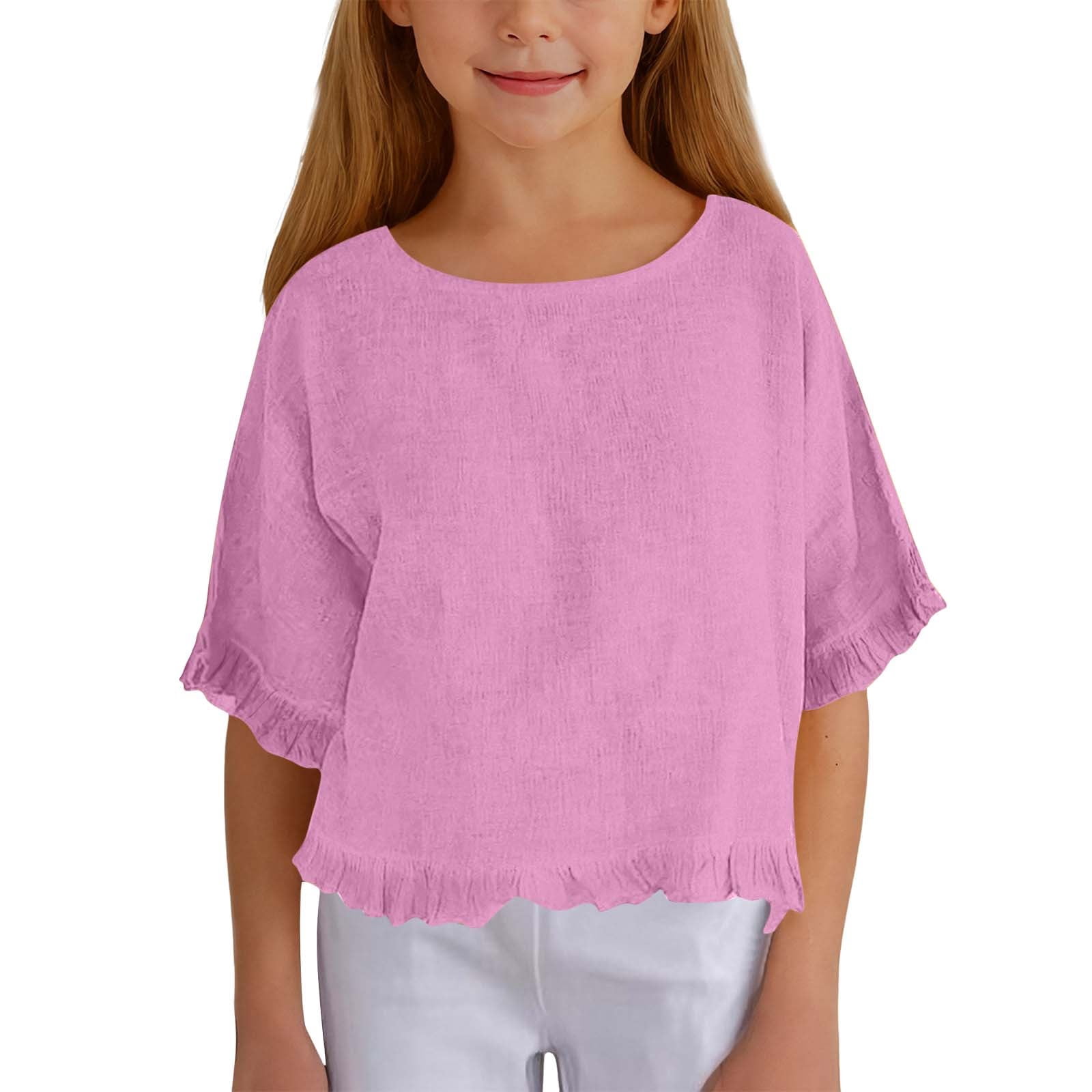 EnJoCho Girls Short Sleeve Cotton Linen T-Shirts Kids Round Neck Summer ...