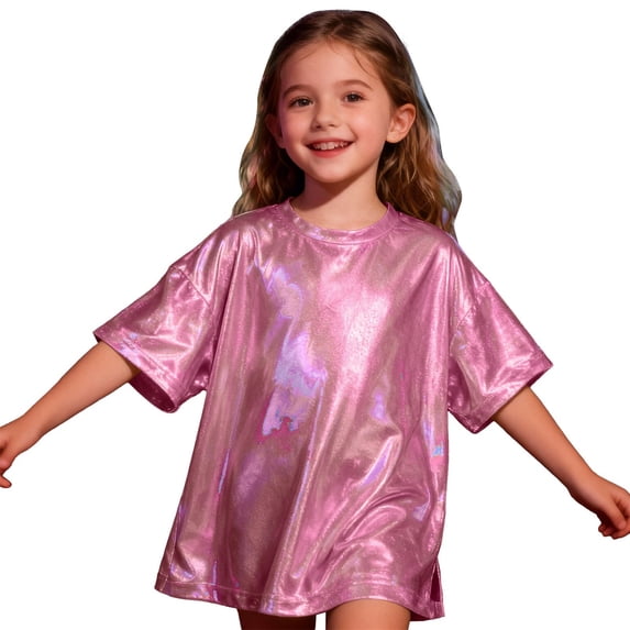 EnJoCho Girls Sparkly Short Sleeve T Shirt Kids Shinny Crew Neck Loose ...