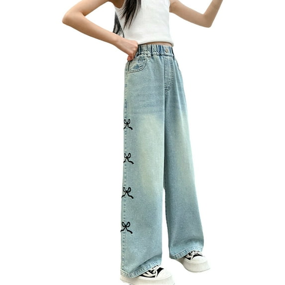 EnJoCho Girls Summer Light Wash Jeans Loose Bow Detail Narrow Straight ...
