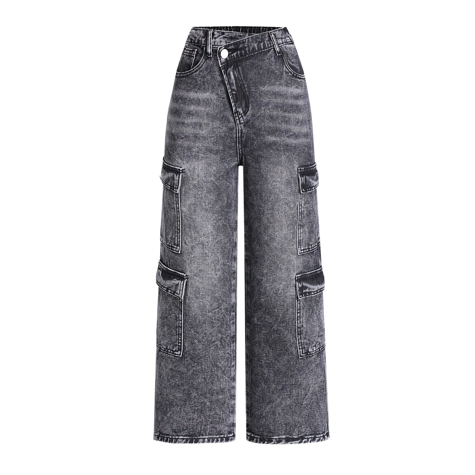 EnJoCho Girls Wide Leg Cargo Denim Jeans Pants Asymmetrical Waist Flap ...