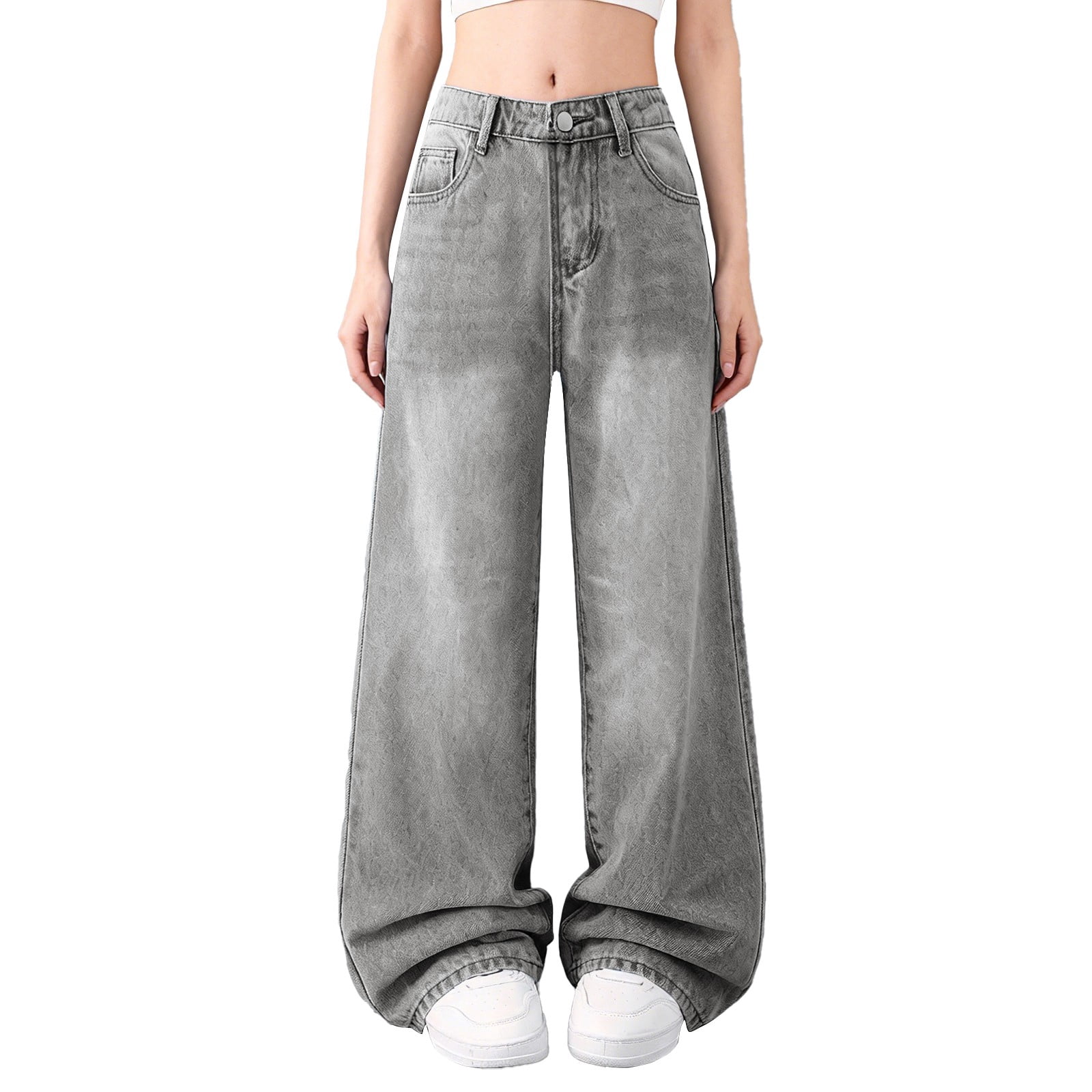 EnJoCho Girls Wide Leg Straight Jeans Baggy Casual Denim Pants Elastic ...