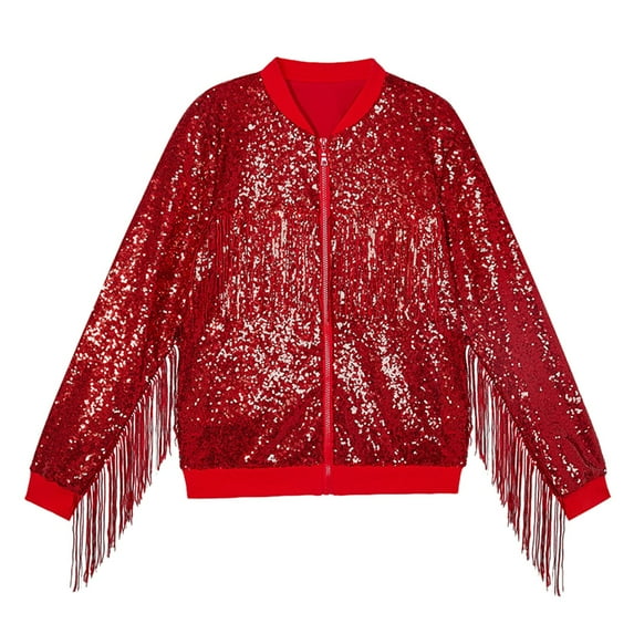 EnJoCho Girls Zip up Sequins Tassel Jackets Long Sleeve Sparkly Fashion ...