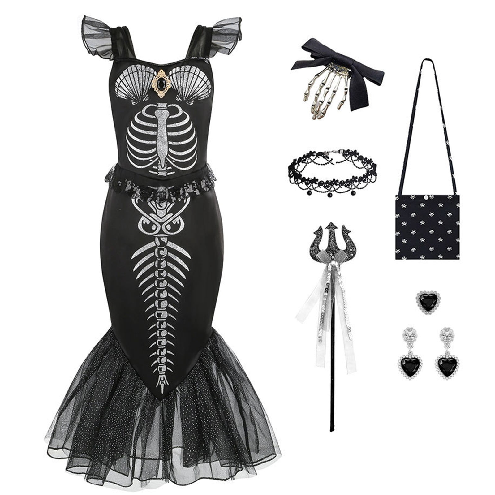 EnJoCho Girls 𝖬ermaid Skeleton Dress Black Princess Tutu Halloween ...