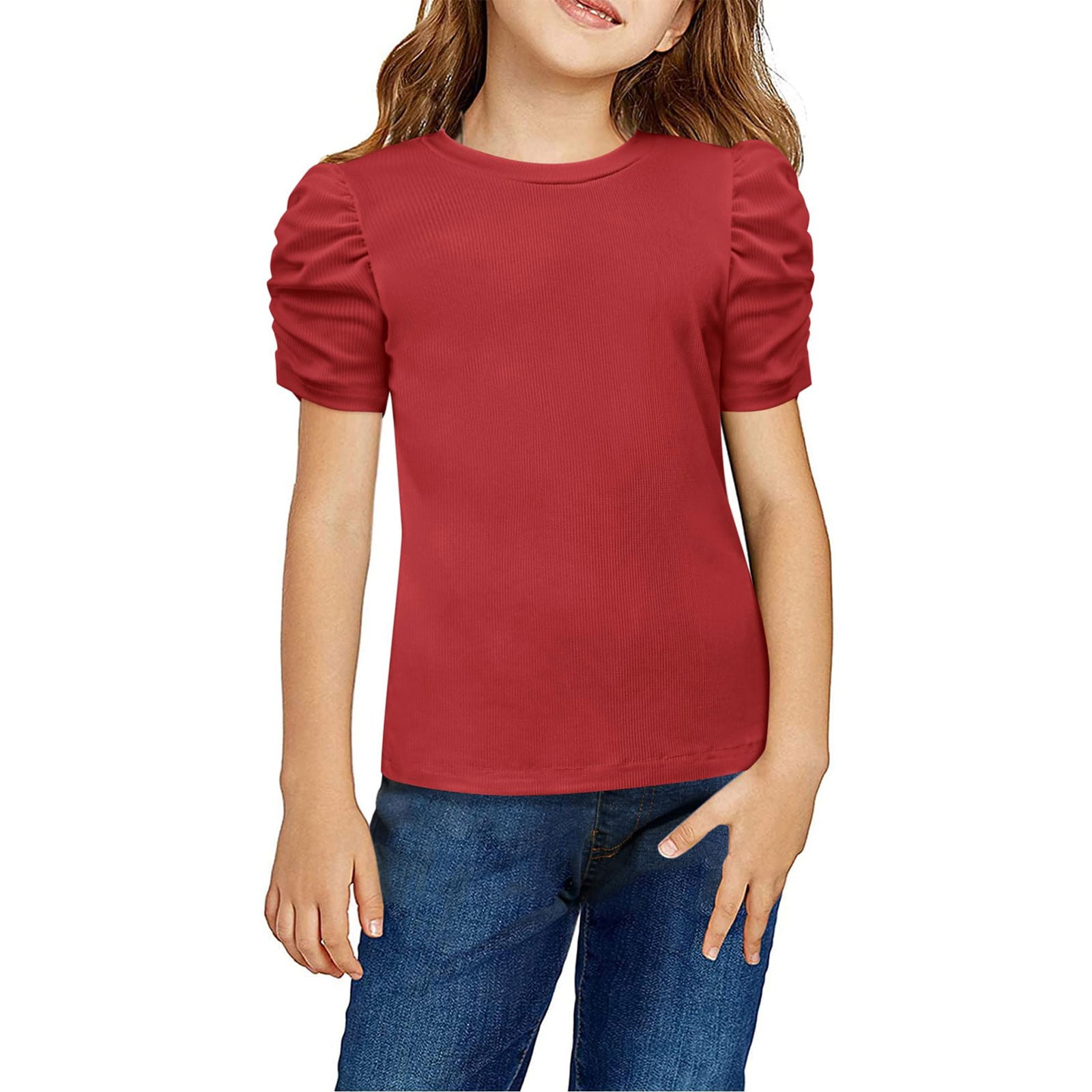 EnJoCho Kids Printed Tops Girls Puff Short Sleeve Shirts Summer Ribbed ...