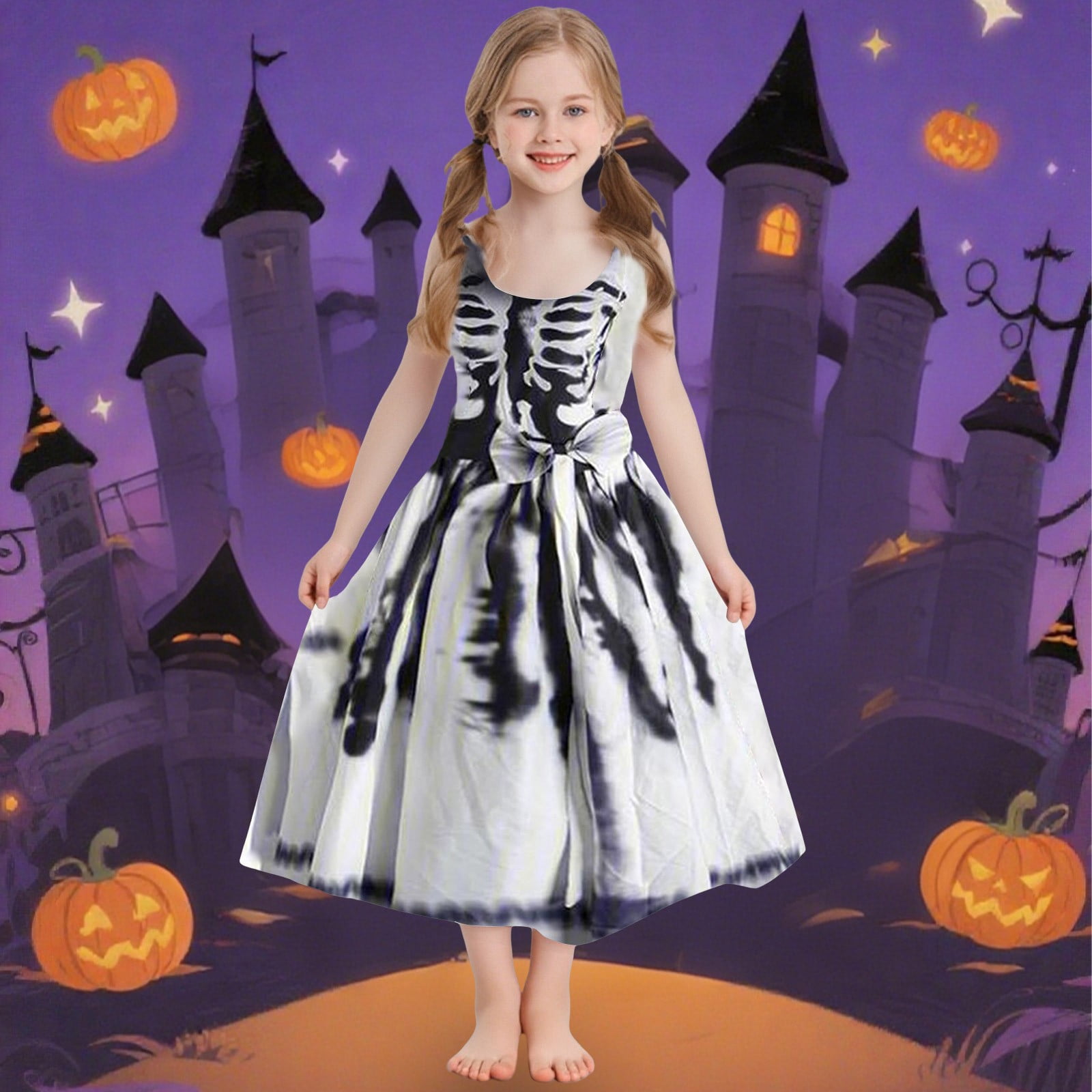 EnJoCho Teen Girls Skeleton Print Midi Dress Halloween Lace Trim Tank Dress Lightweight Flowery ...
