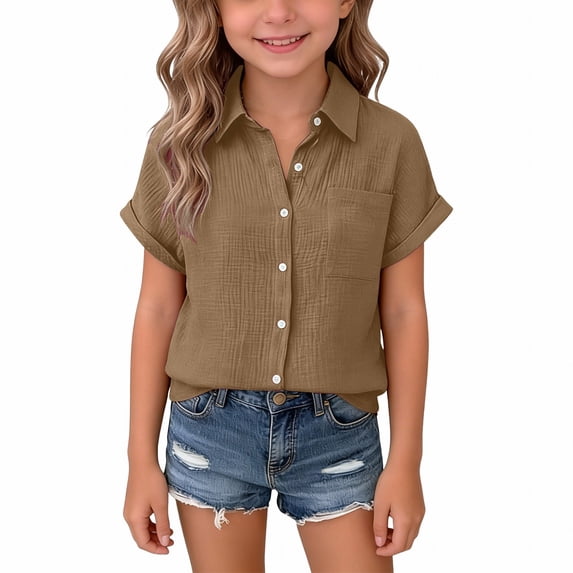 EnJoCho Toddler Girl Short Sleeve Shirt Girls Linen Shirt Button Down ...