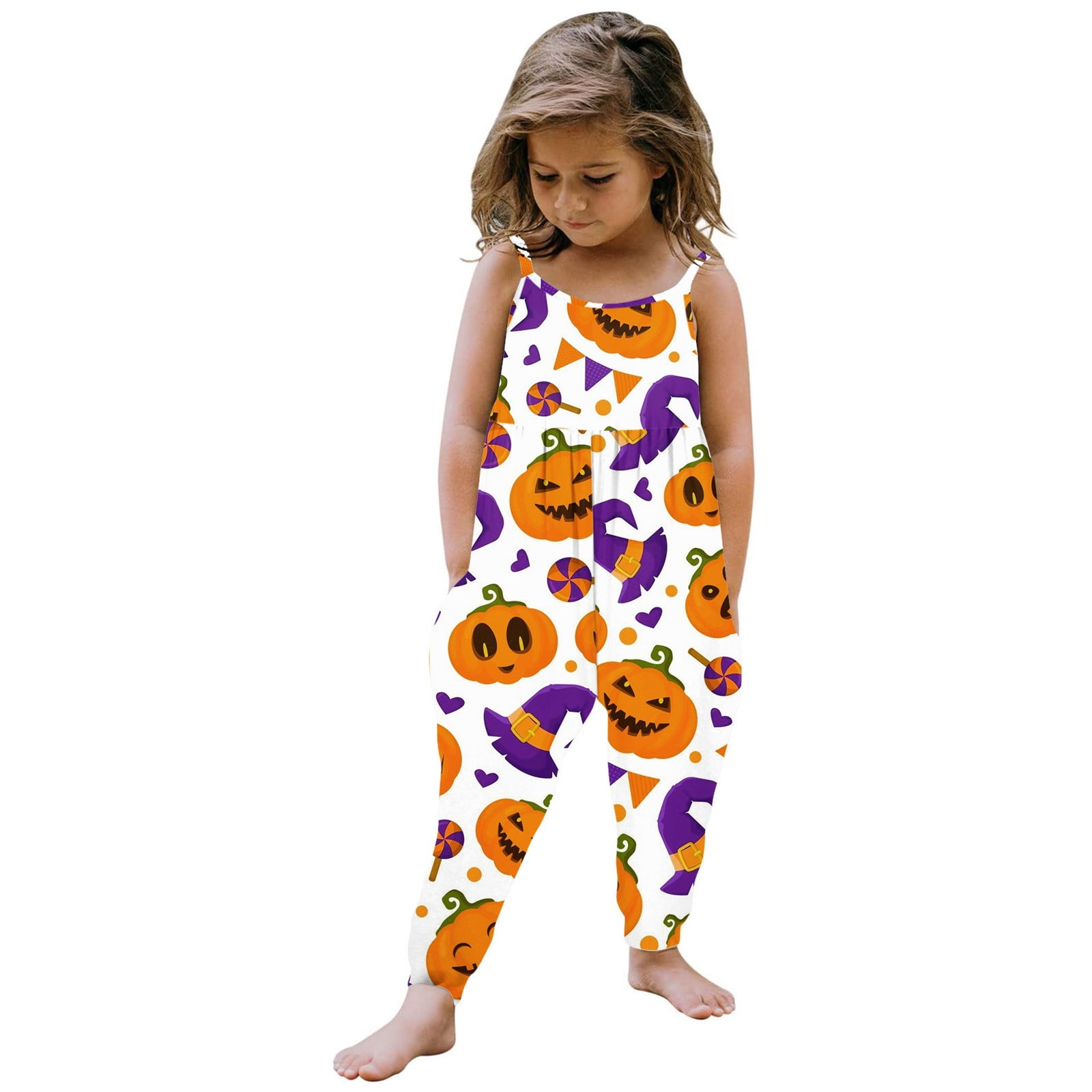 EnJoCho Toddler Girls Halloween Pumpkin Jumpsuit Cartoon Printed Strap Romper Overalls Soft ...