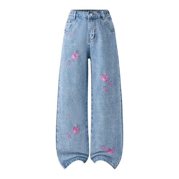 EnJoCho Tween Girls Wide Leg Baggy Jeans Floral Embroidery Denim Pants ...