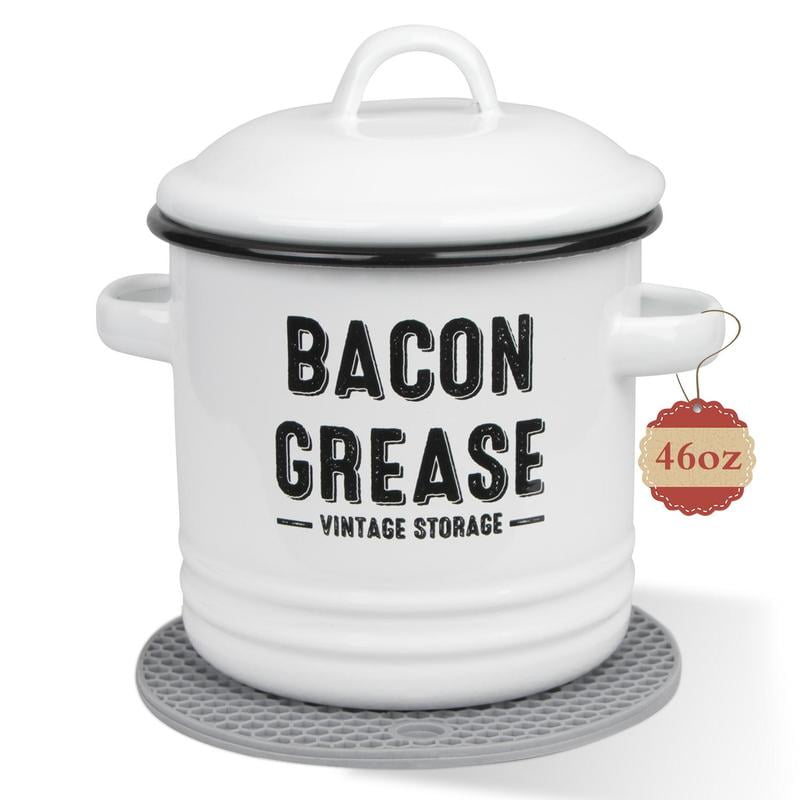 Enamel Bacon Grease Container with Lid & Insulated Pad, Vintage Kitchen ...