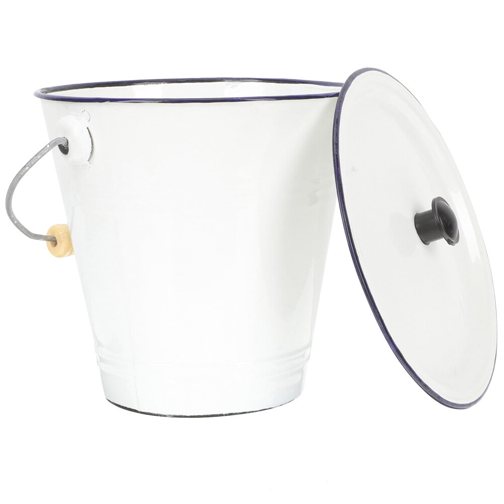 Enamel Bucket with Lid Buckets Trash Bin Food Containers White ...