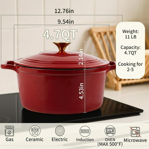 Enamel Cast Iron Dutch Oven with Lid, Round Casserole Pot for Bread ...