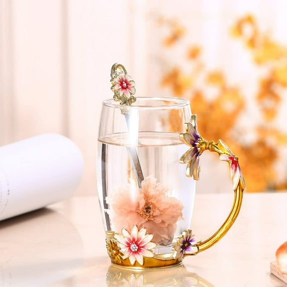 Enamel Flower Glass Coffee Mug with Steel Spoon, Lead-Free Tea Cup for ...