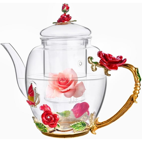 Enamel Glass Flower Tea Pot With Removable Loose Tea Leaf Infuser Tea ...