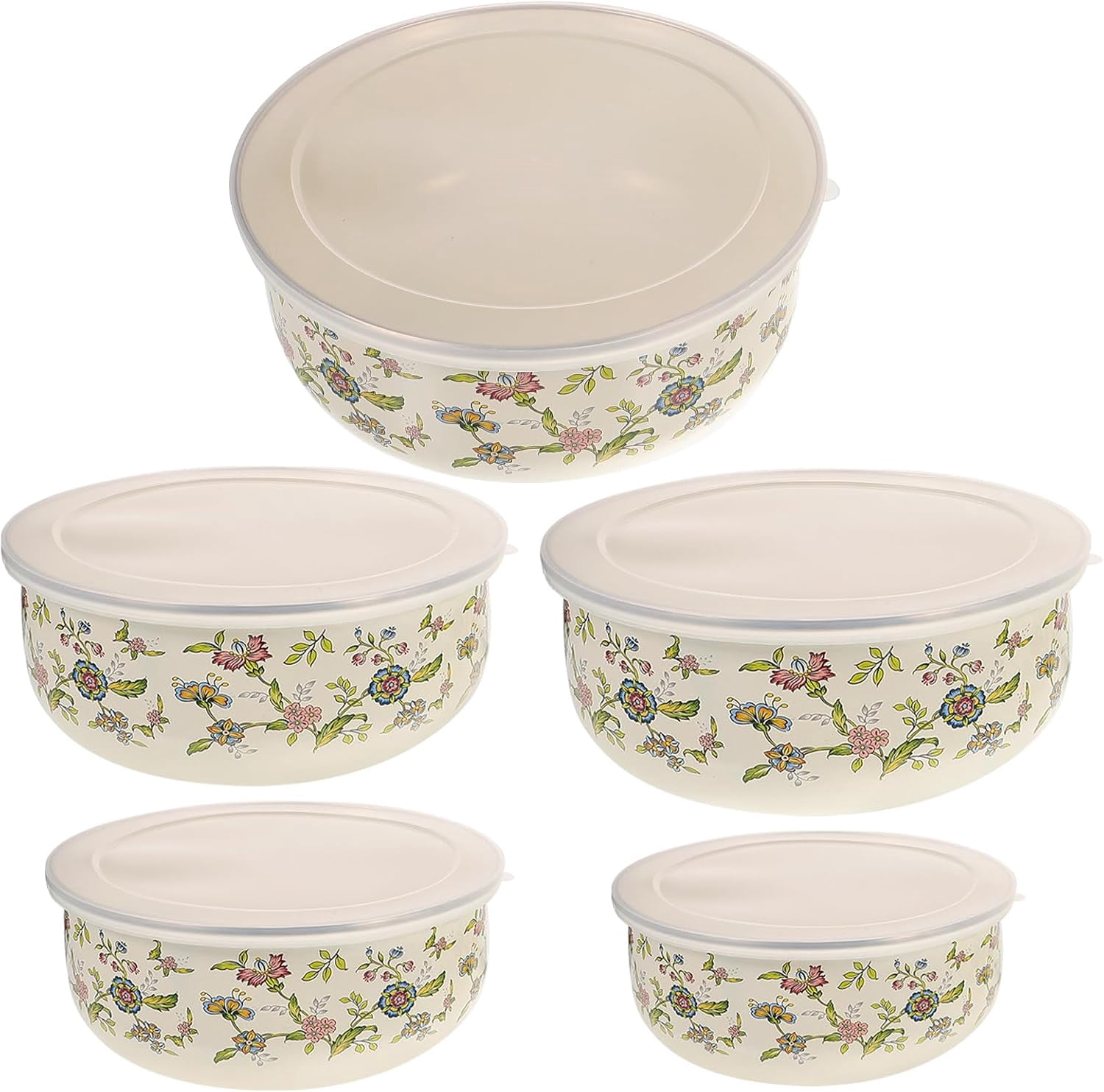 Enamel Mixing Bowls Set of 5 with Lids Floral Printed Nesting ...