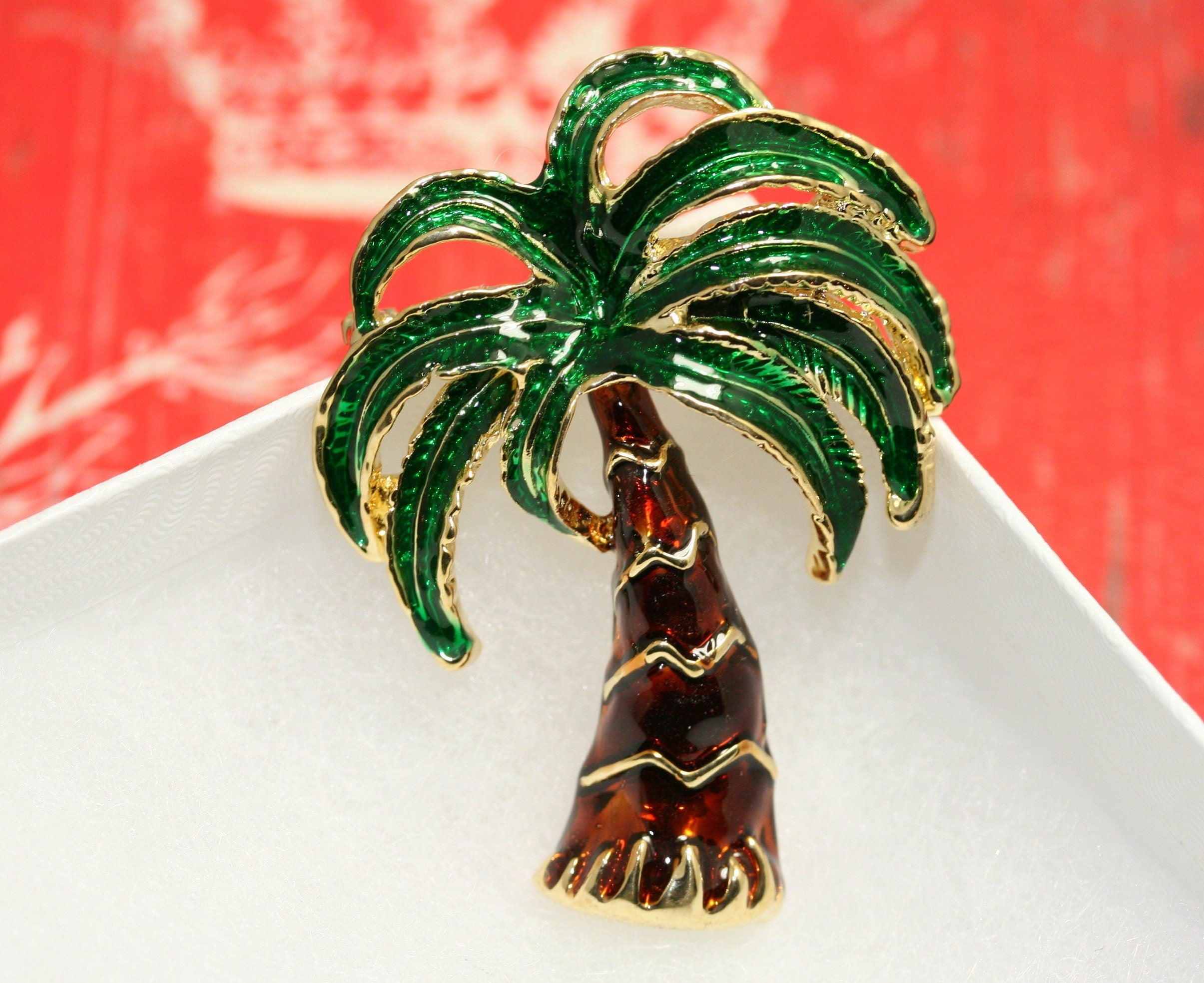 Enamel PALM TREE Pin Brooch Tropical Trees, Gold Tone Green and Brown ...