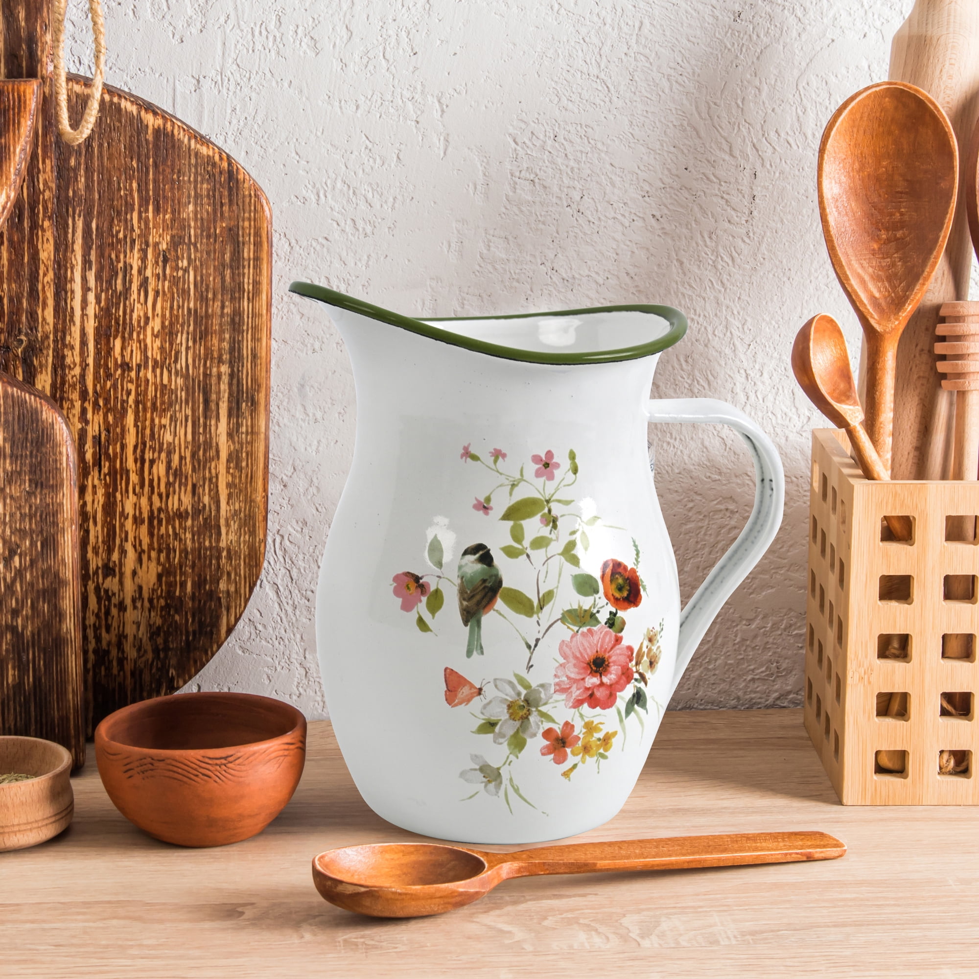 Enamel Pitcher with Wide Handle and Green Rim Rustic Enamelware Pitcher ...