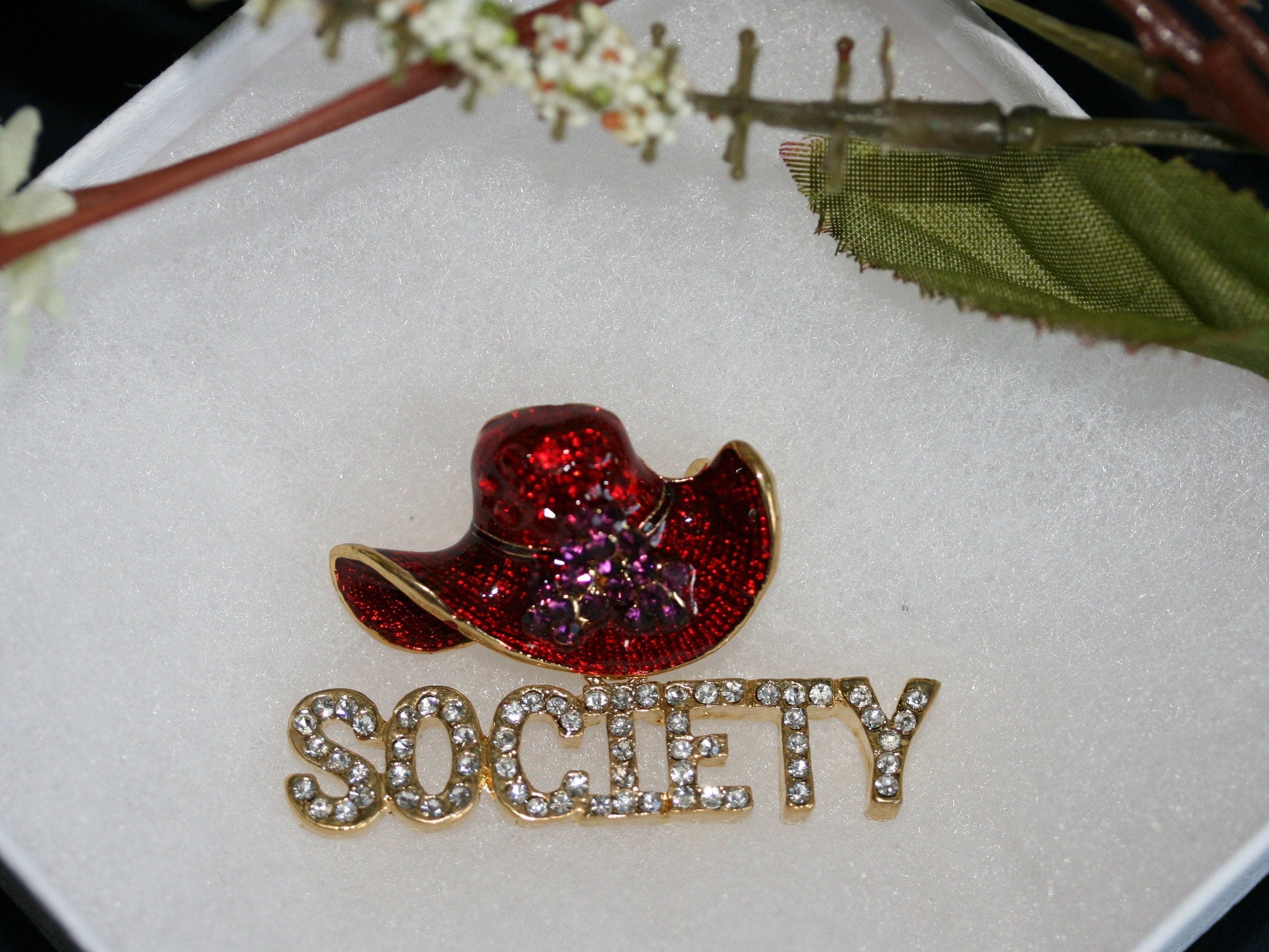 Enamel Red Hat Society Diamond Rhinestone Hat Lapel Brooch Pin, Ladies ...