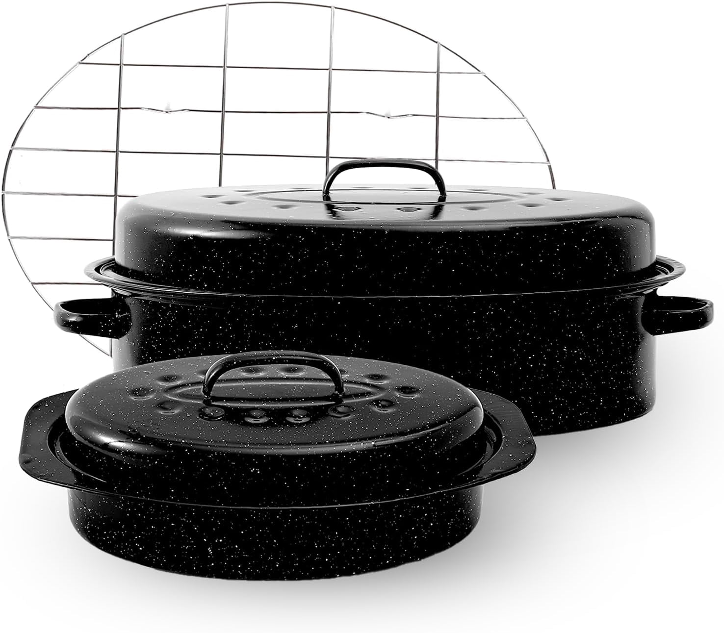 Enamel Roasting Pan With Lid and Rack 13" 18"Granite Roaster Pans Set ...
