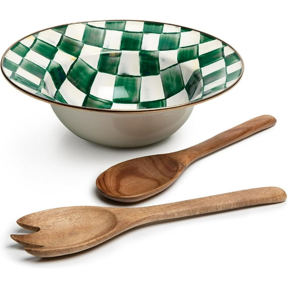 Enamel Salad Serving Set Enamel Bowl and Wooden Salad Servers ...