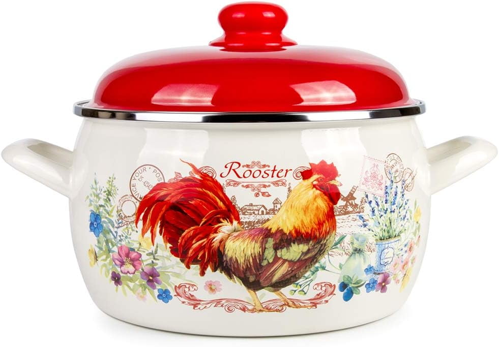 Enamel Stock Pot Rooster Enamel Cooking Pot Enameled Pot with Lid (5.6 ...