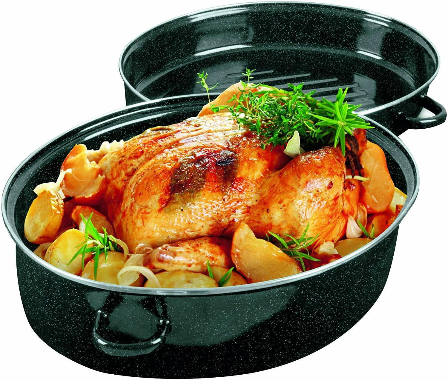 Enamel Turkey Roaster Pan Non Stick, 16.5 x 12 x 8 inches, Black ...