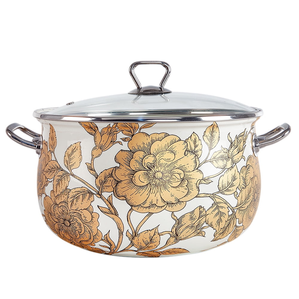 Enameled Aluminum Soup Pot Golden Flowers Belly Deep Casserole Cooking ...