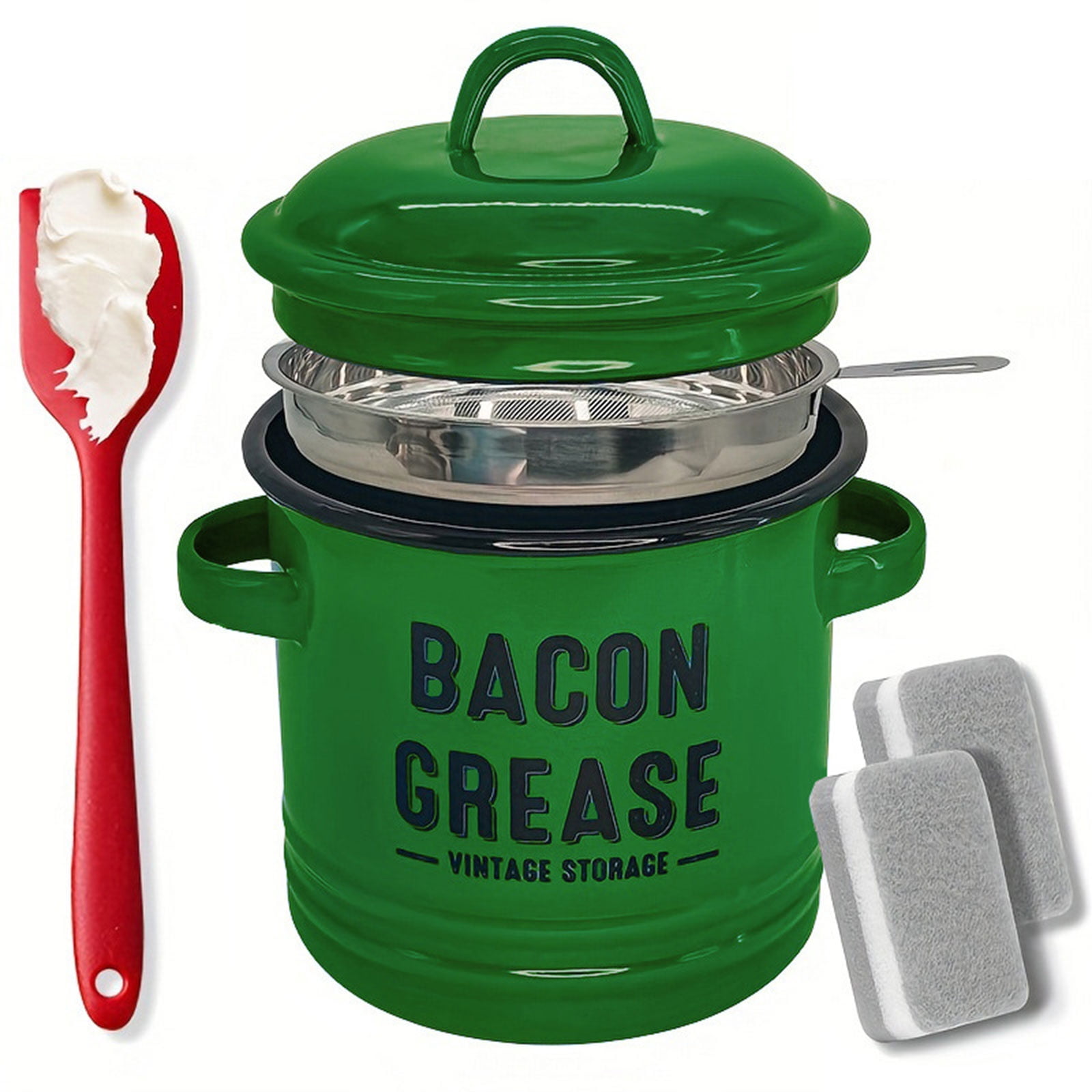 Enameled Bacons Grease Storage Container Jar with Strainer And Silicone ...