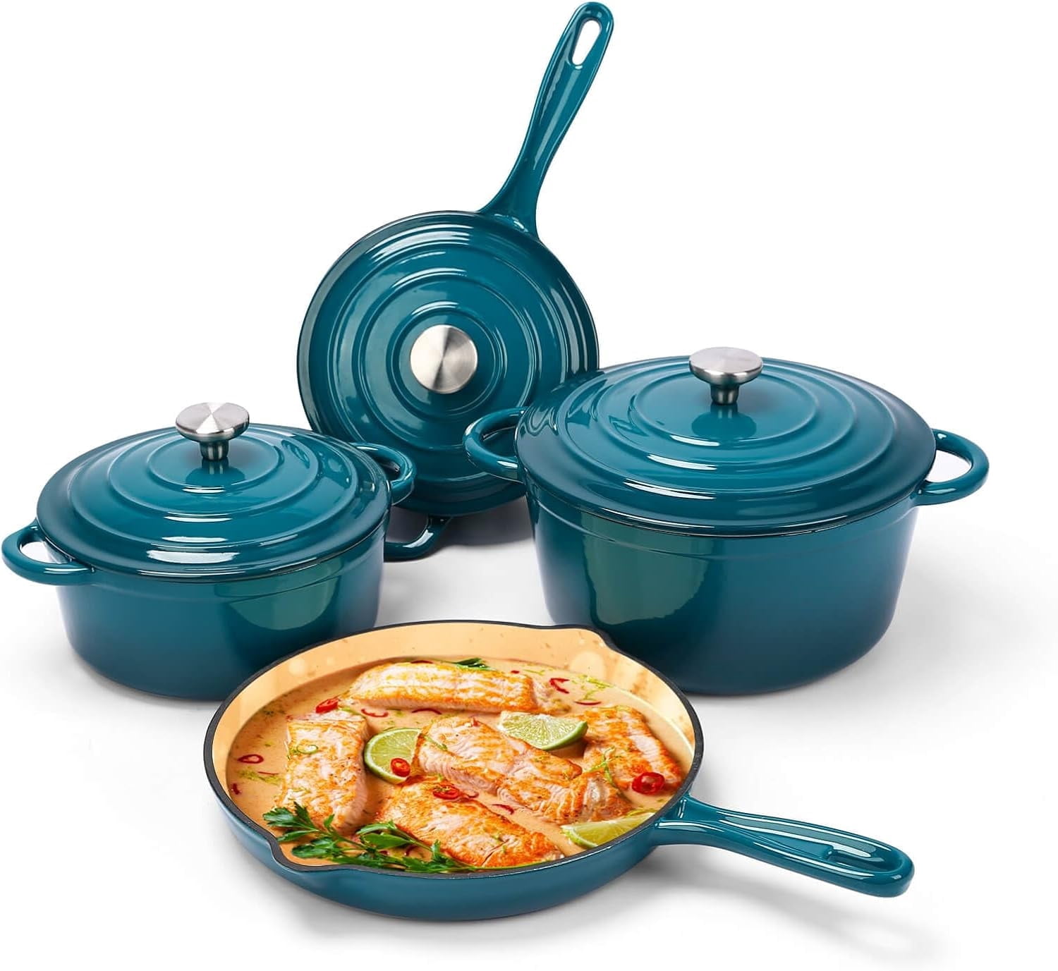Enameled Cast Iron Cookware Set, 7 Piece Pots and Pans Set Non Stick ...