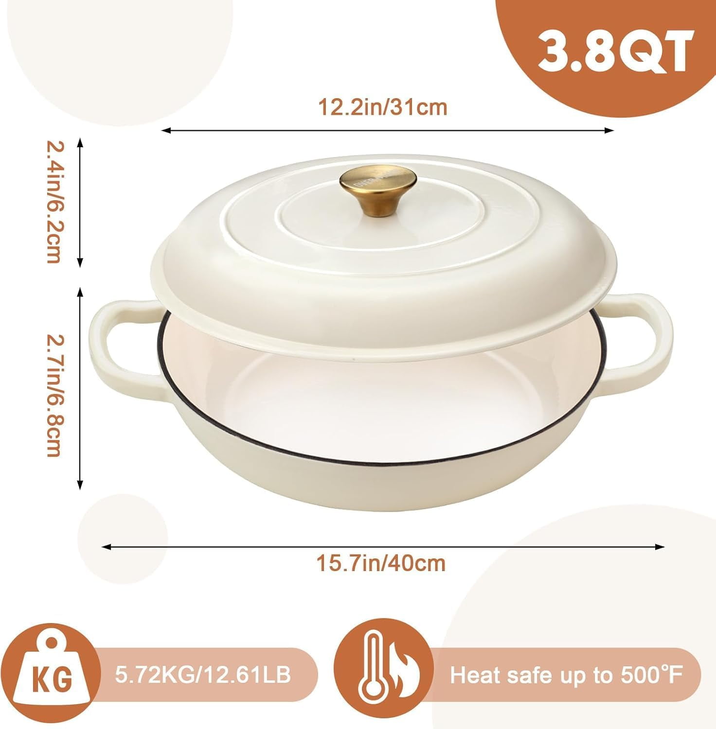 Enameled Cast Iron Dutch Oven - 3.8 Quart with Lid, Shallow Braising ...