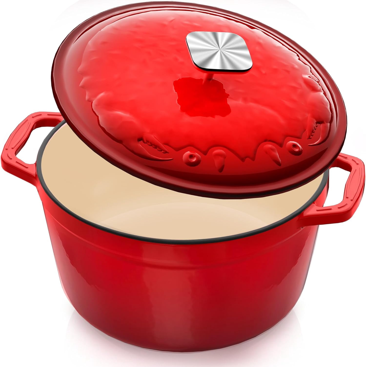 Enameled Cast Iron Dutch Oven - 5 Quart, Designed Crab Lid, Knob, for ...