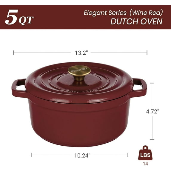 Enameled Cast Iron Dutch Oven - 5QT Pot with Lid Cookbook & Cotton ...