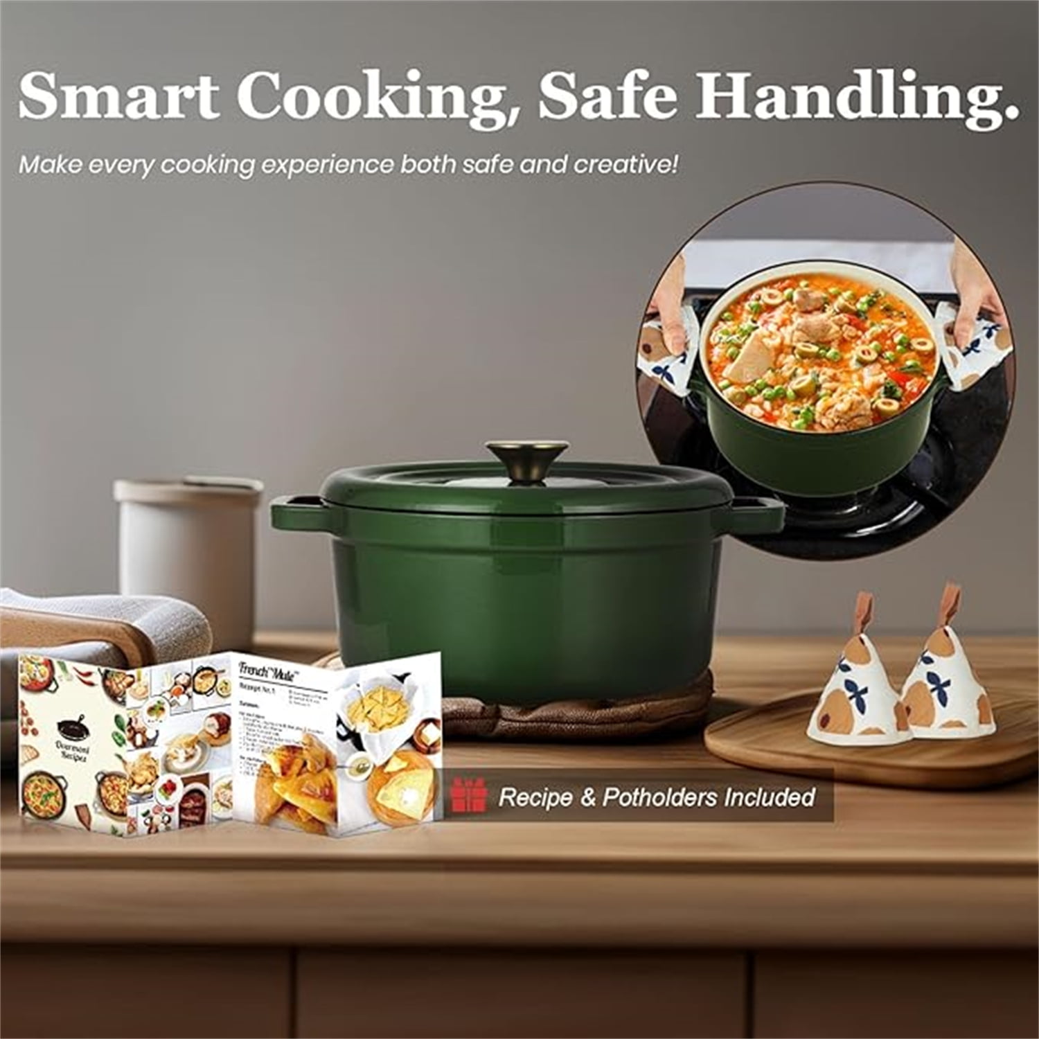 Enameled Cast Iron Dutch Oven - 5QT Pot with Lid Cookbook & Cotton ...