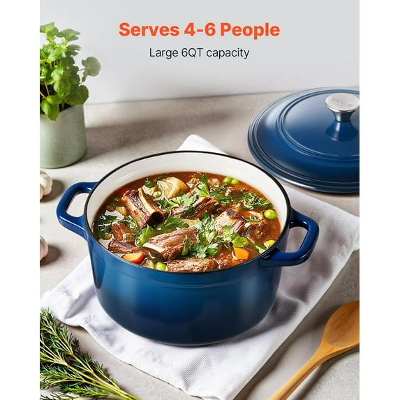 Enameled Cast Iron Dutch Oven, 6 Quart Pot with Lid and Dual Handles ...