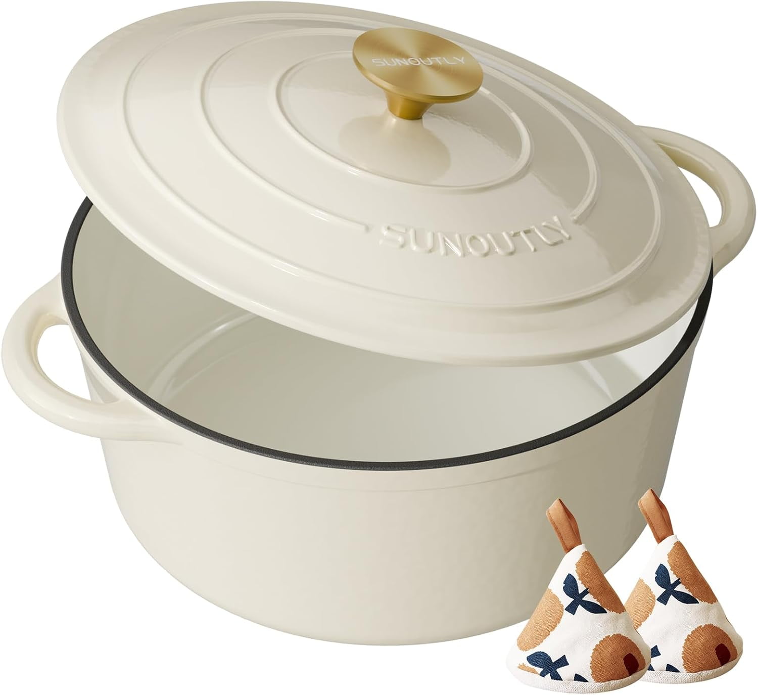 Enameled Cast Iron Dutch Oven - 6QT Pot with Lid & Cotton Potholders ...