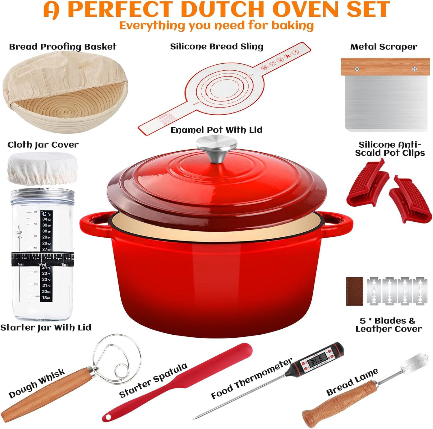 Enameled Cast Iron Dutch Oven Pot with Lid, Incl. Sourdough Bread ...